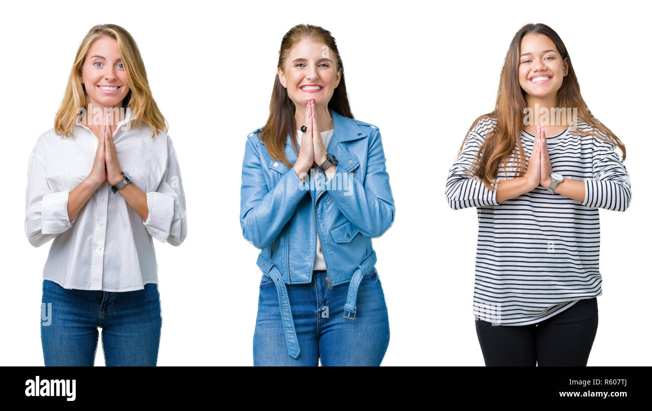 Collage of group of three beautiful women over white isolated ...