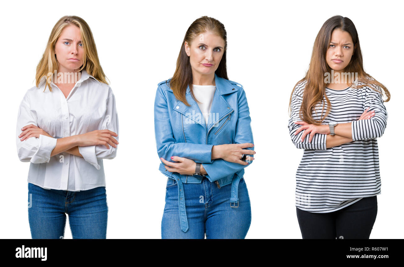 Collage of group of three beautiful women over white isolated ...