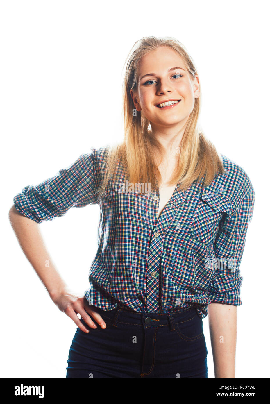 young pretty stylish blond hipster girl posing emotional isolate Stock ...