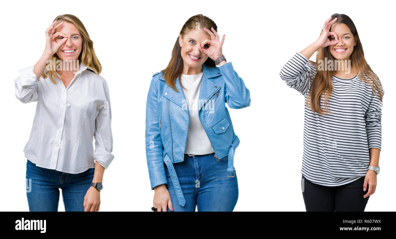 Collage of group of three beautiful women over white isolated ...