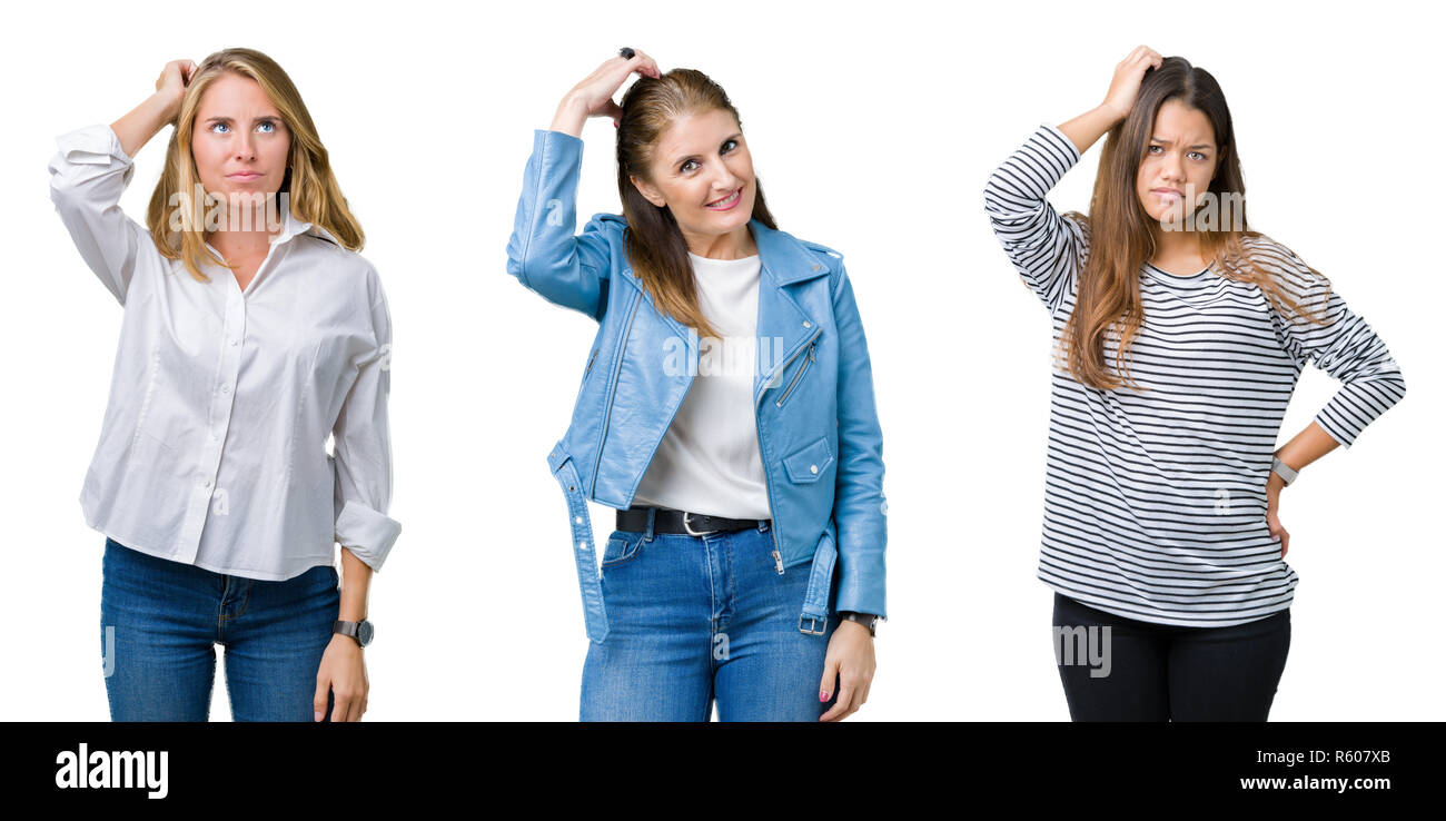 Collage of group of three beautiful women over white isolated ...