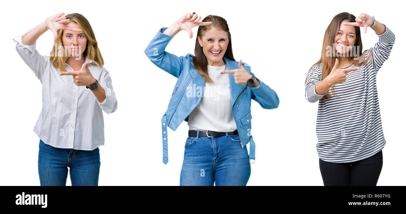 Collage of group of three beautiful women over white isolated ...