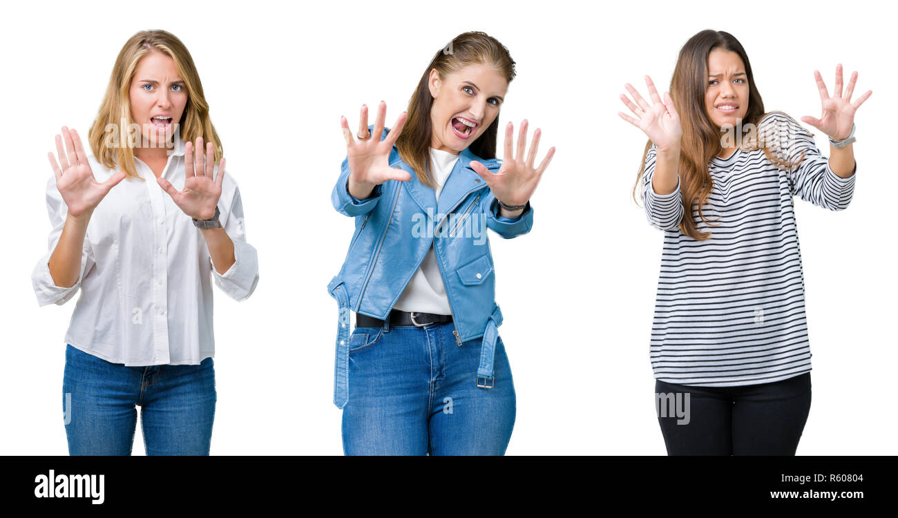 Collage of group of three beautiful women over white isolated ...
