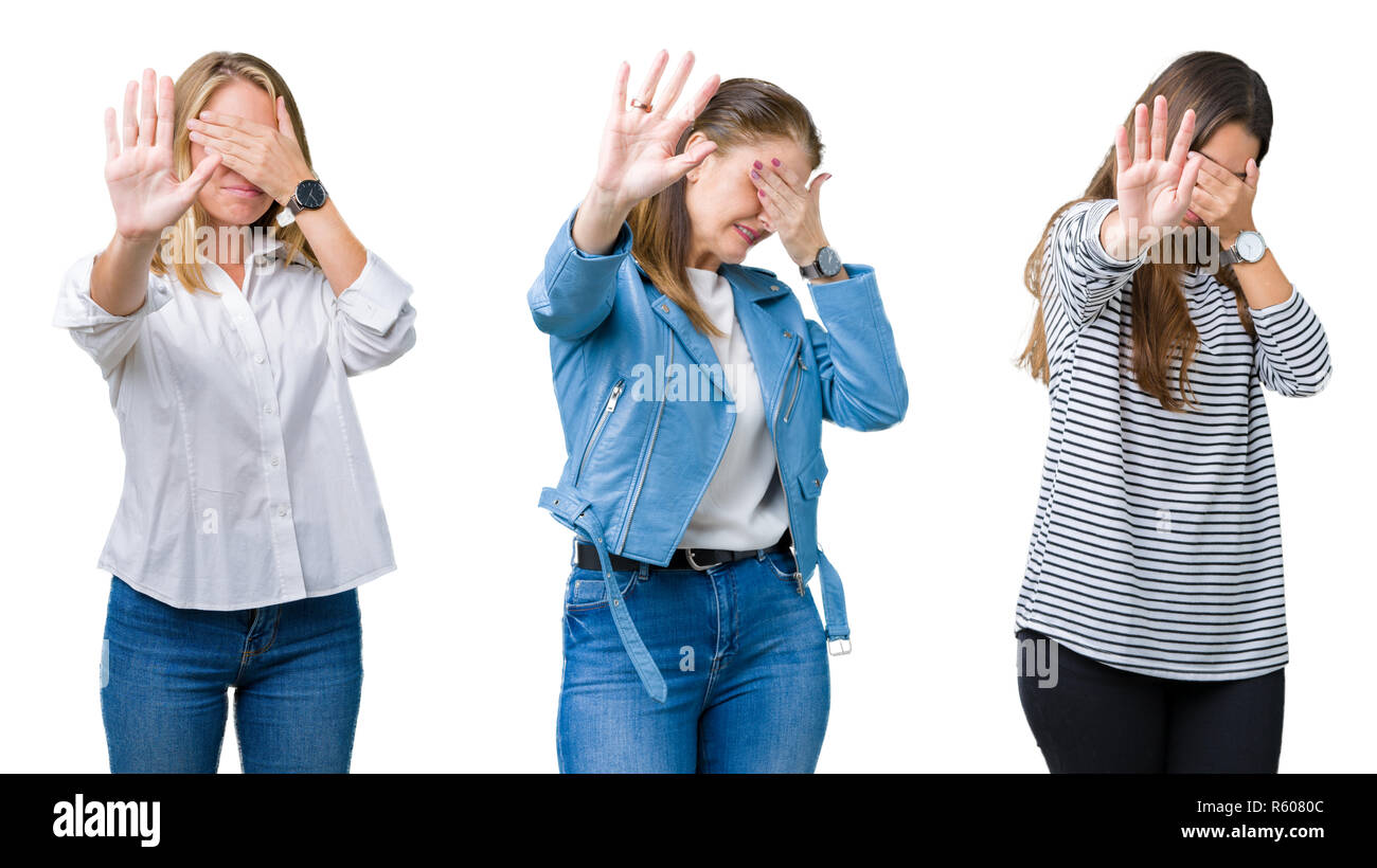 Collage of group of three beautiful women over white isolated ...