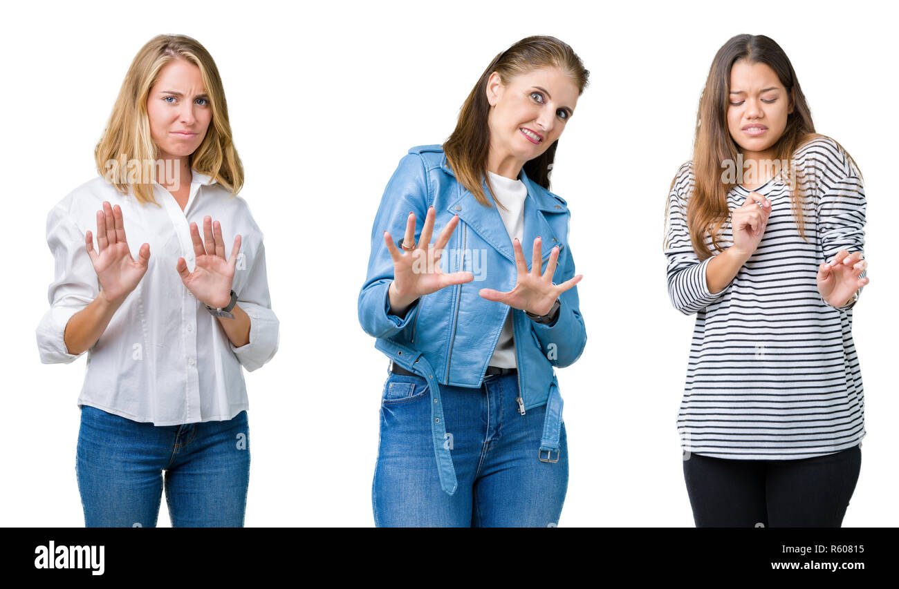 Collage of group of three beautiful women over white isolated ...