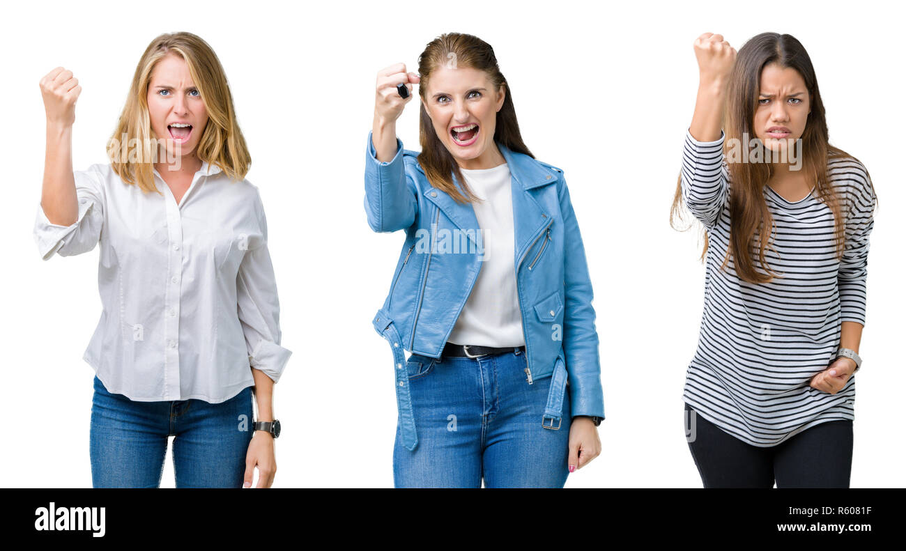 Collage of group of three beautiful women over white isolated ...