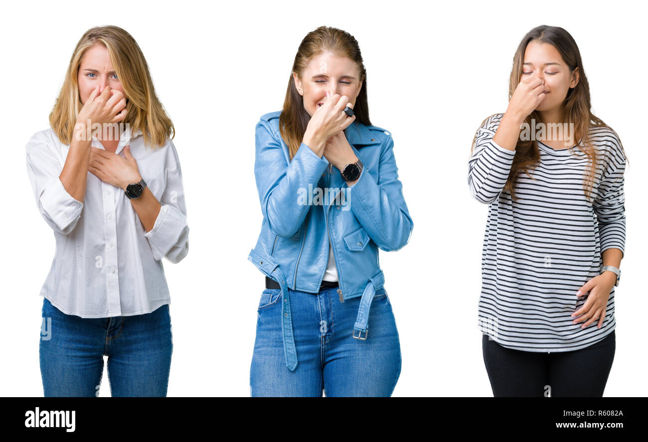 Collage of group of three beautiful women over white isolated ...
