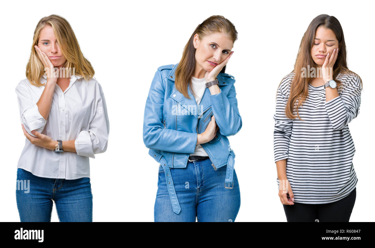 Collage of group of three beautiful women over white isolated ...