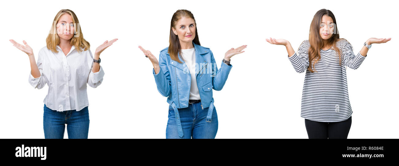 Collage of group of three beautiful women over white isolated ...