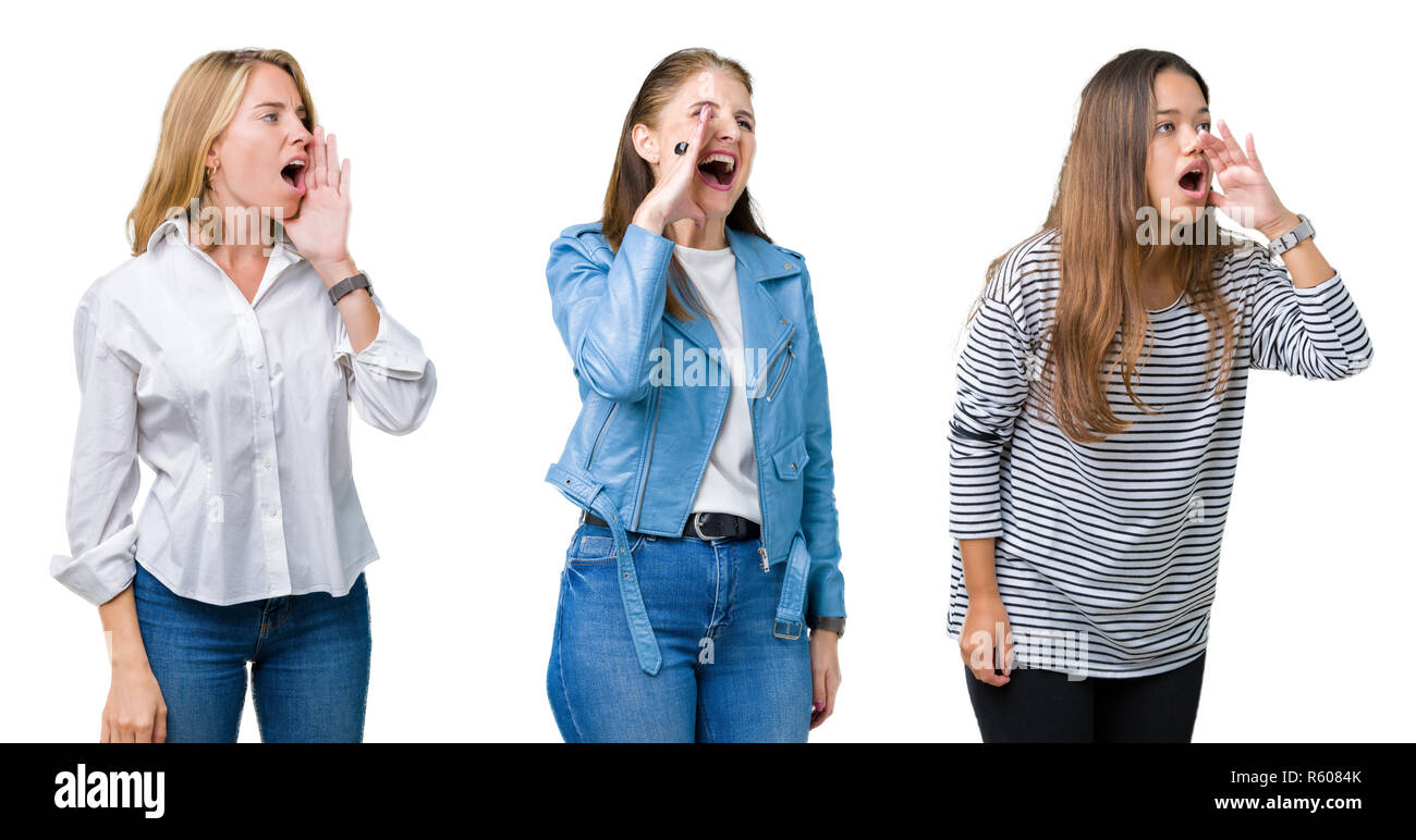Collage of group of three beautiful women over white isolated ...
