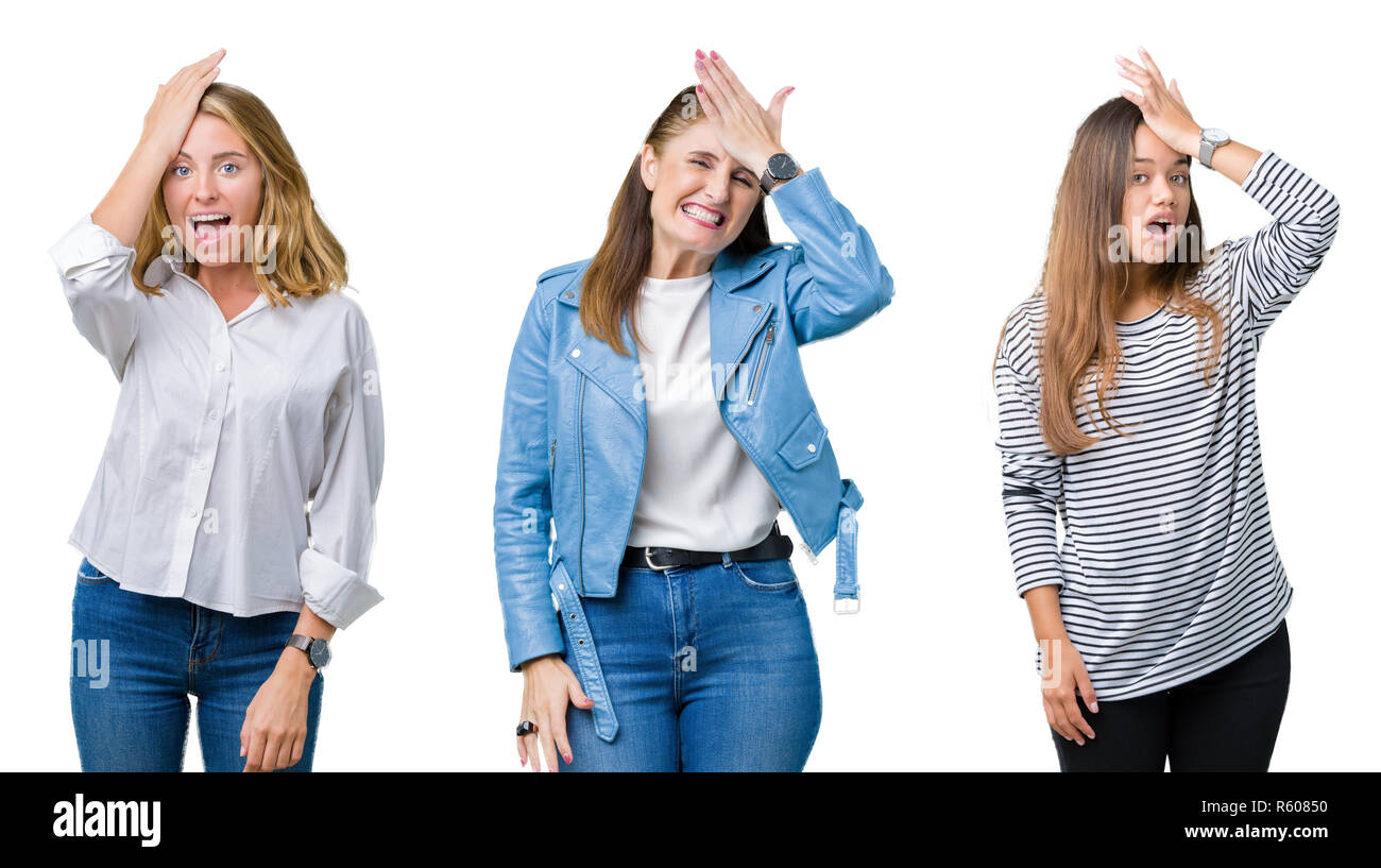 Collage of group of three beautiful women over white isolated ...