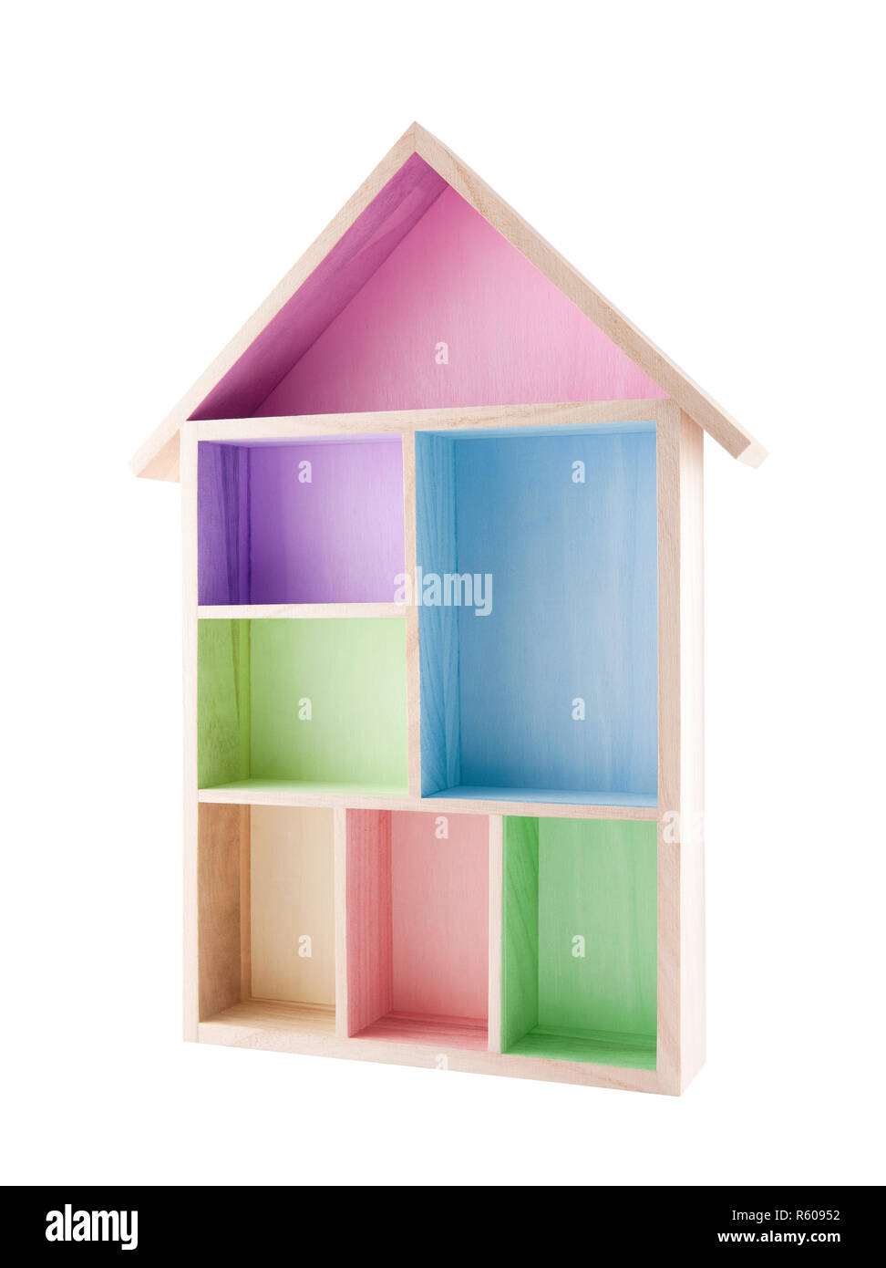 Colorful wooden house shaped shelf isolated on white Stock Photo - Alamy