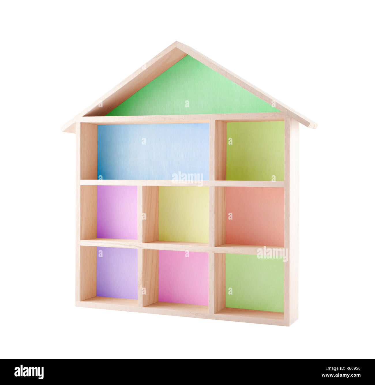 Colorful wooden house shaped shelf isolated on white Stock Photo - Alamy