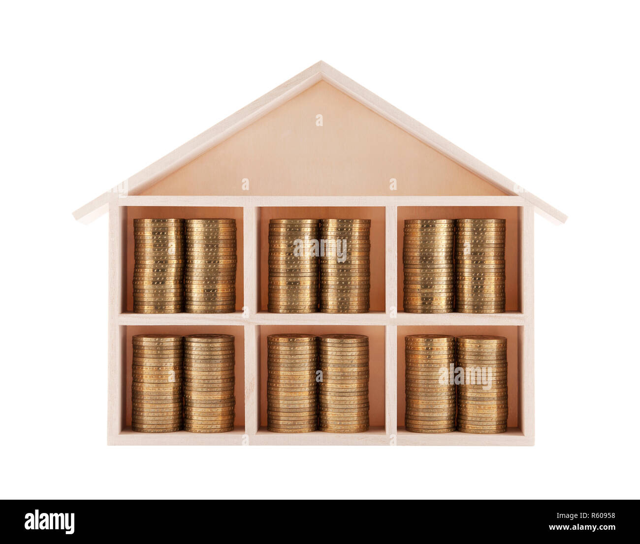 Wooden house with coins isolated on white Stock Photo - Alamy