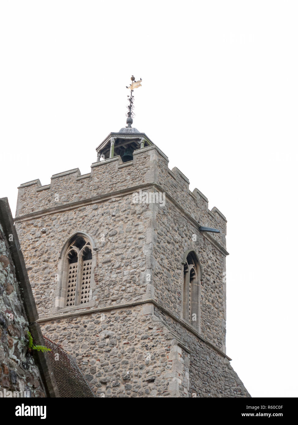 christian church tower top spire stone windows old Stock Photo - Alamy