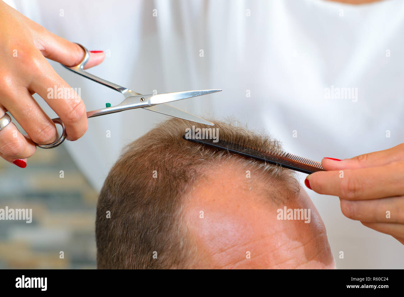 female hairdresser cutting hair of man Stock Photo - Alamy