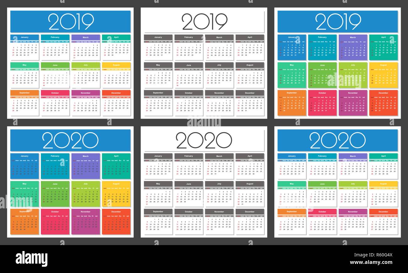 Calendar 2019 and 2020 year. Colorful set. Simple Vector Template Stock ...