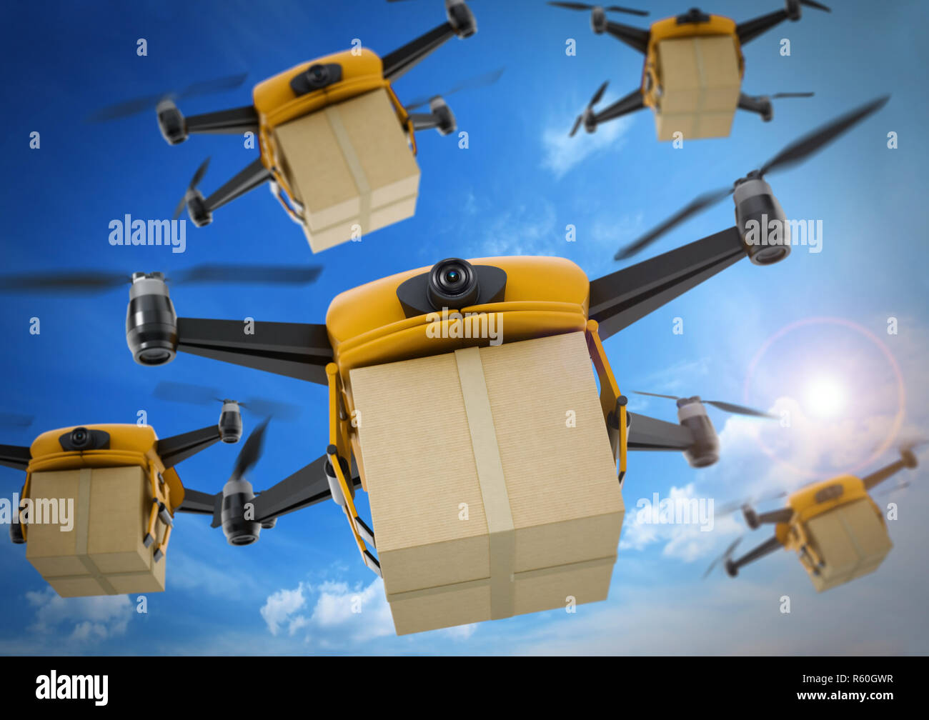 Unmanned drone carrying cargo box. 3D illustration Stock Photo - Alamy