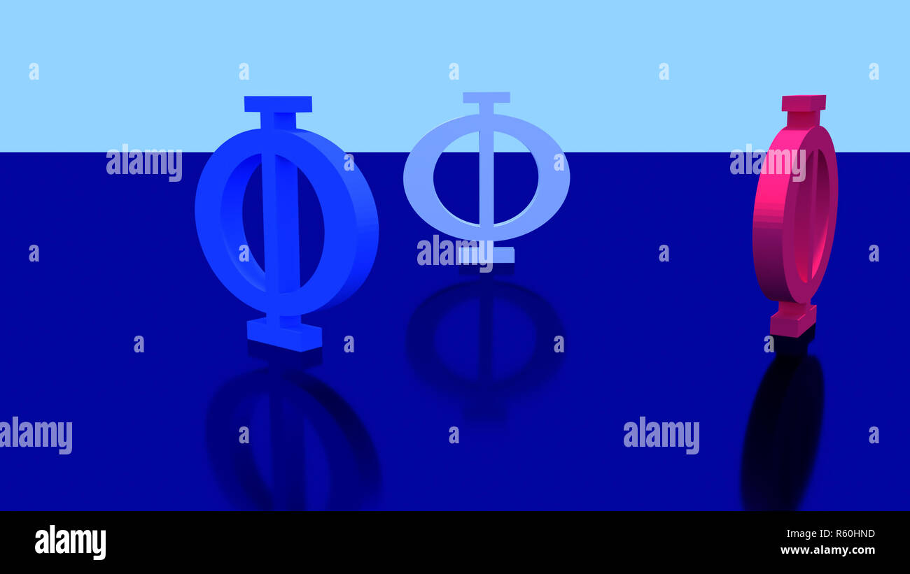 3d rendering of three greek capital letters phi on blue,glossy surface ...