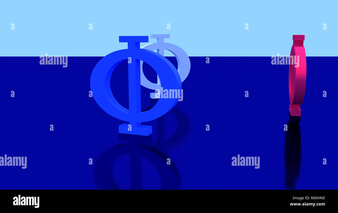3d rendering of three greek capital letters phi on blue,glossy surface ...