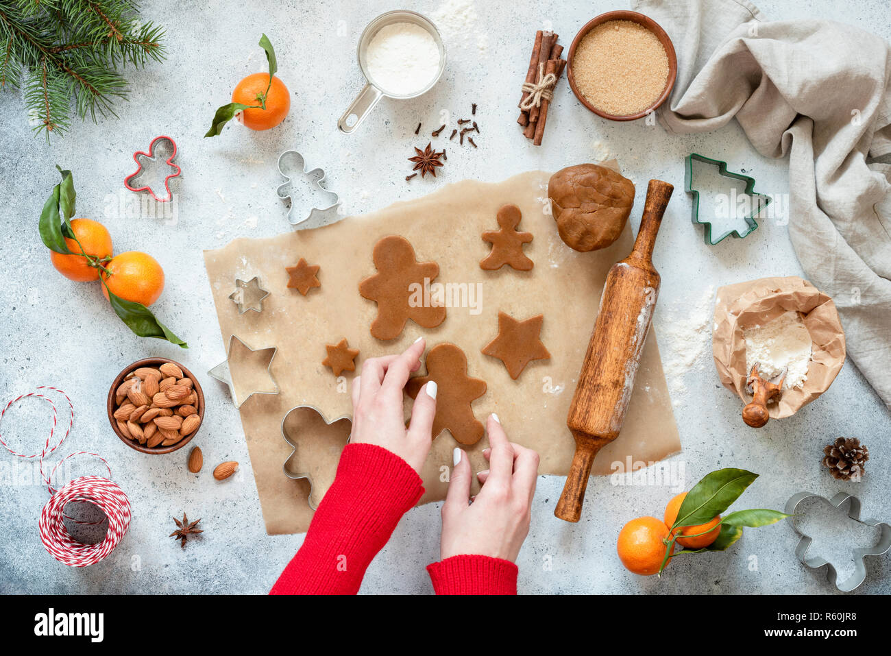 Preparation of gingerbread cookies. Festive Christmas baking. Top view ...