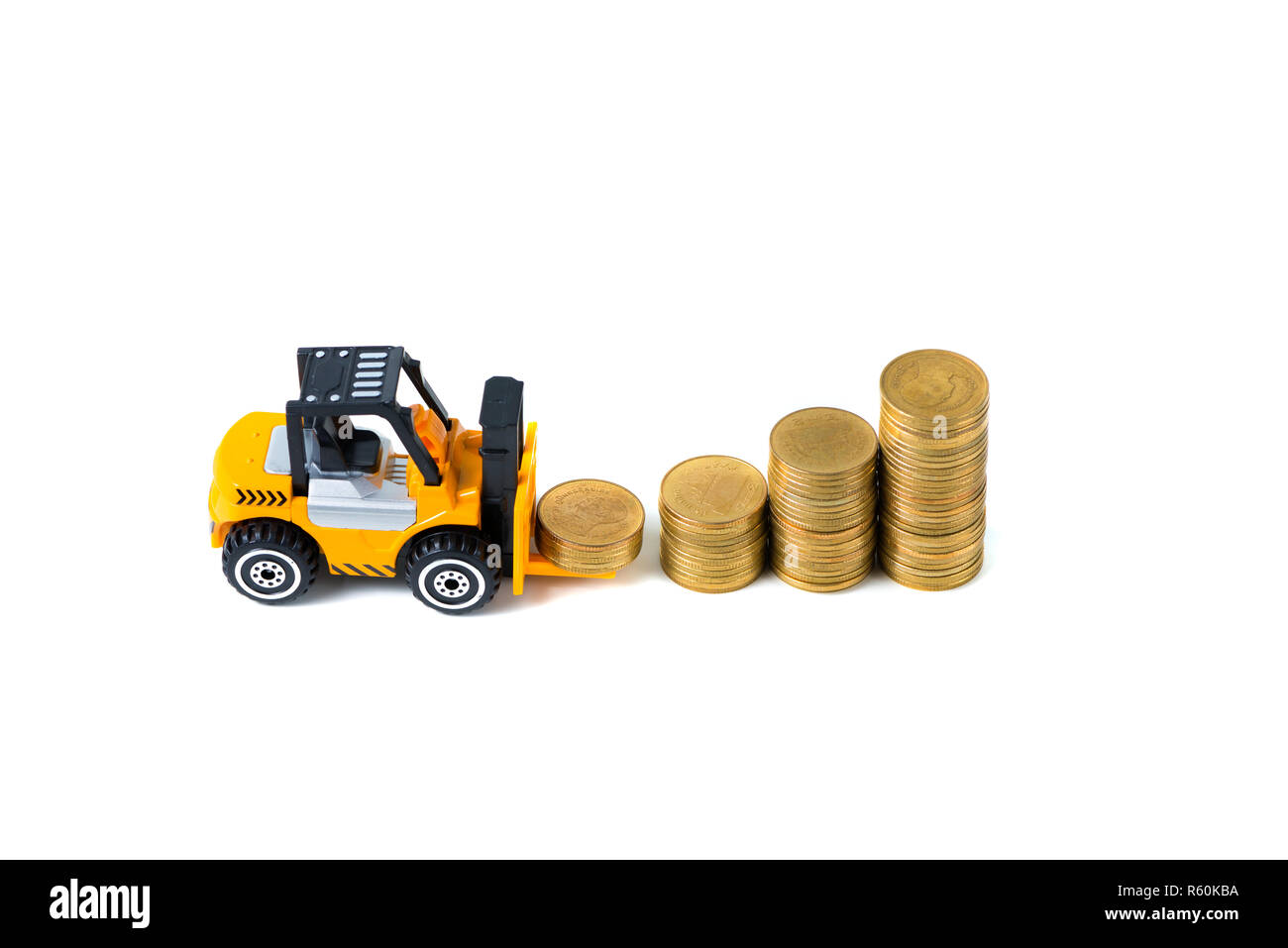 Mini forklift truck loading stack coin with steps of gold coin ...