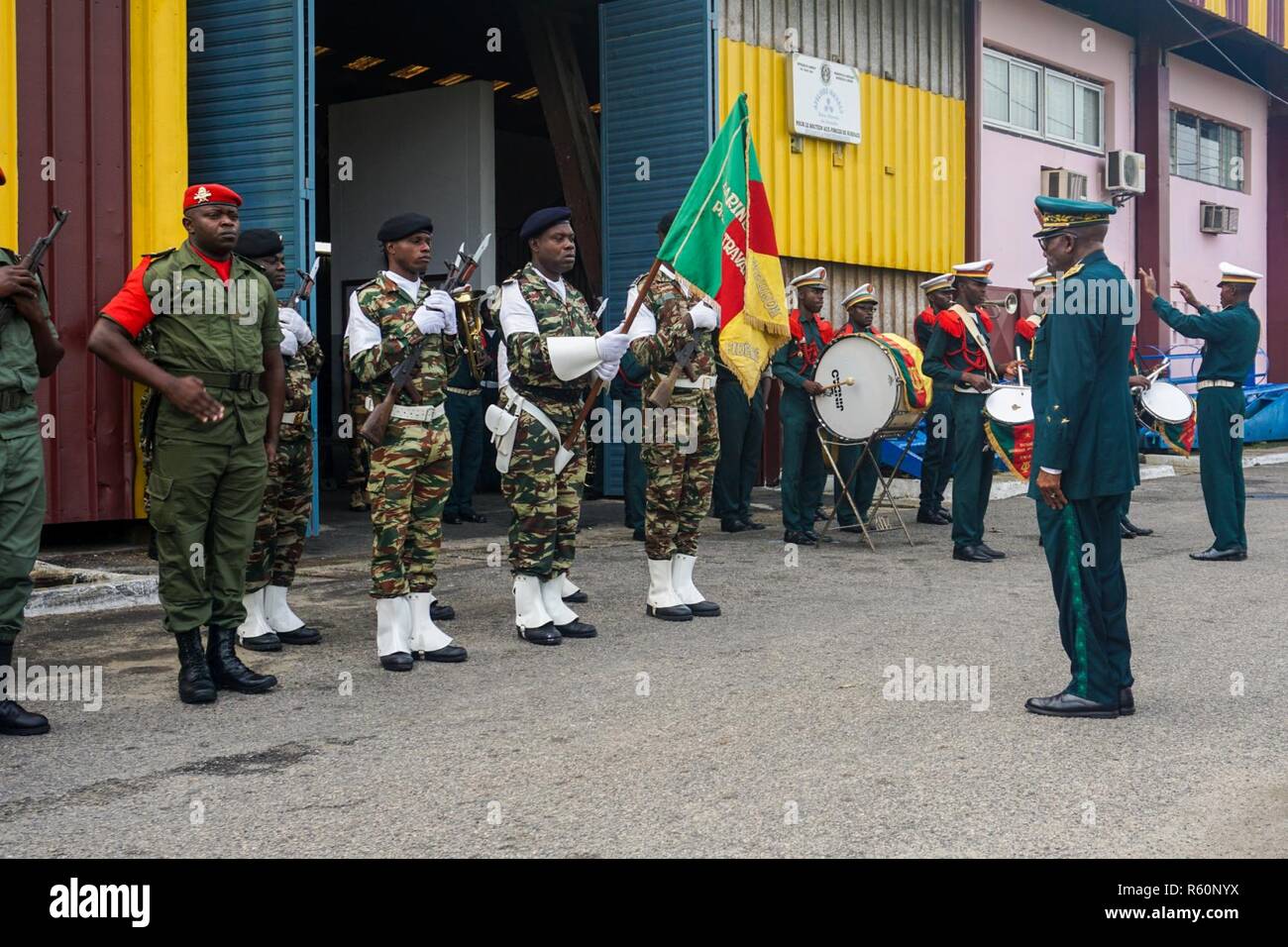 A Cameroonian Armed Forces honor guard and band receives Maj. Gen. Baba ...