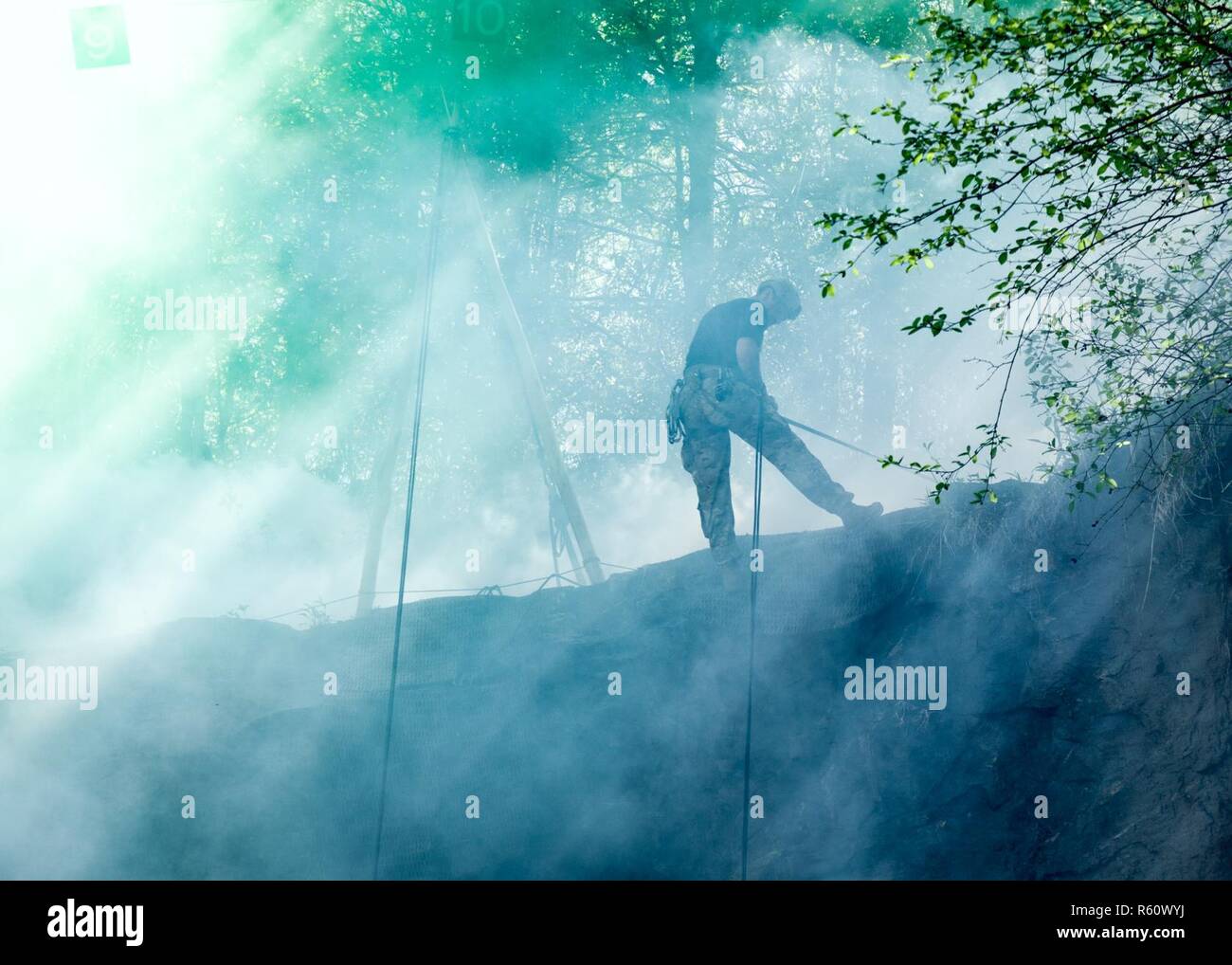 A U.S. Army Ranger, of the 5th Ranger Training Battalion (RTB), rappels ...