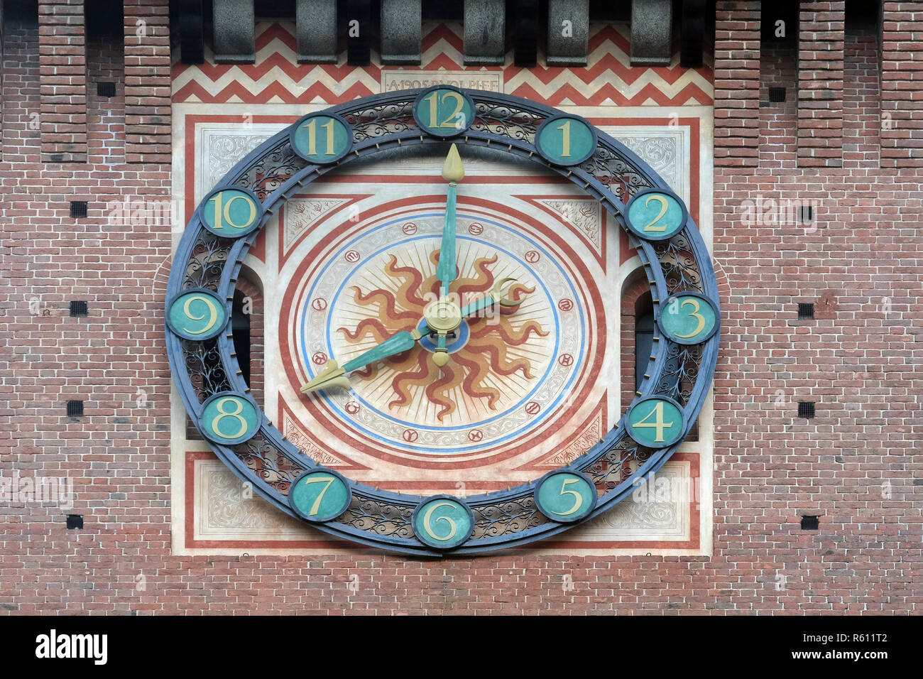 Clock on the Sforza Castle in Milano, Italy, built in the 15th century ...