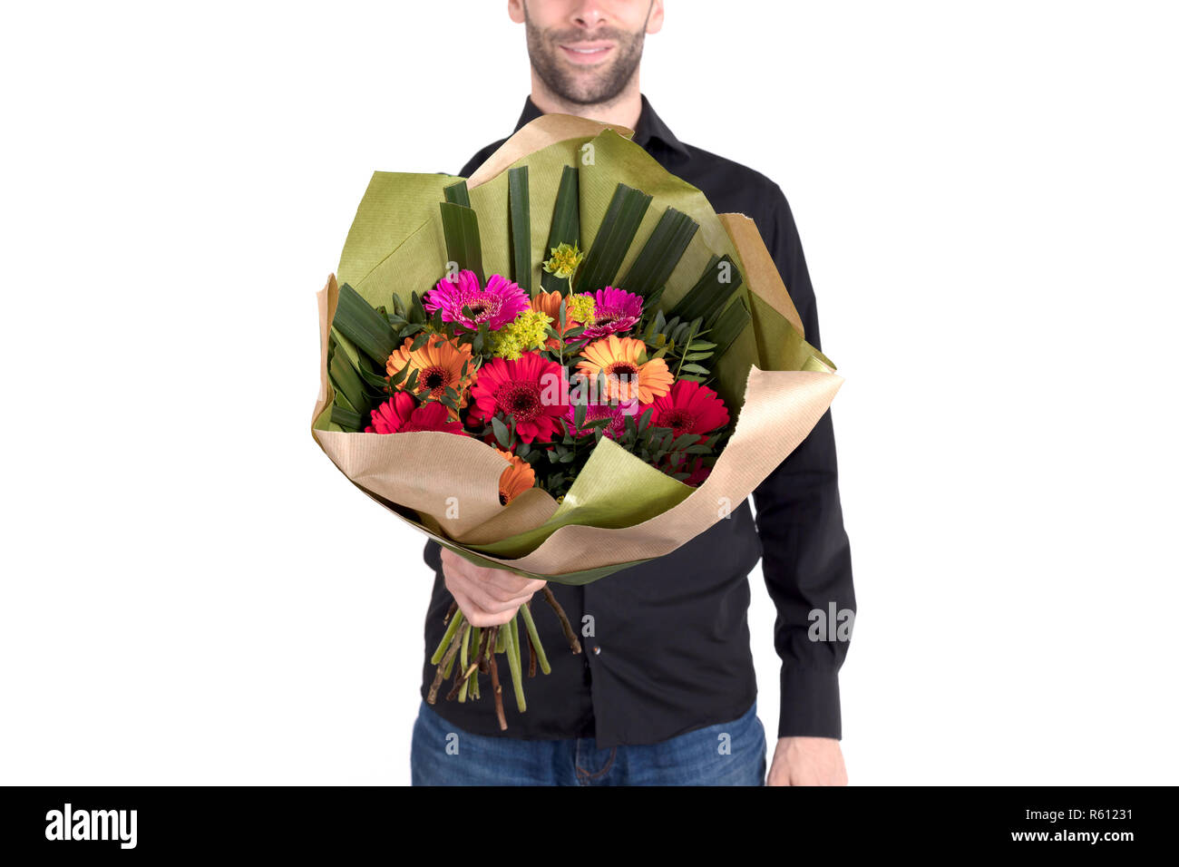 Man is giving flowers - Isolated on white Stock Photo - Alamy