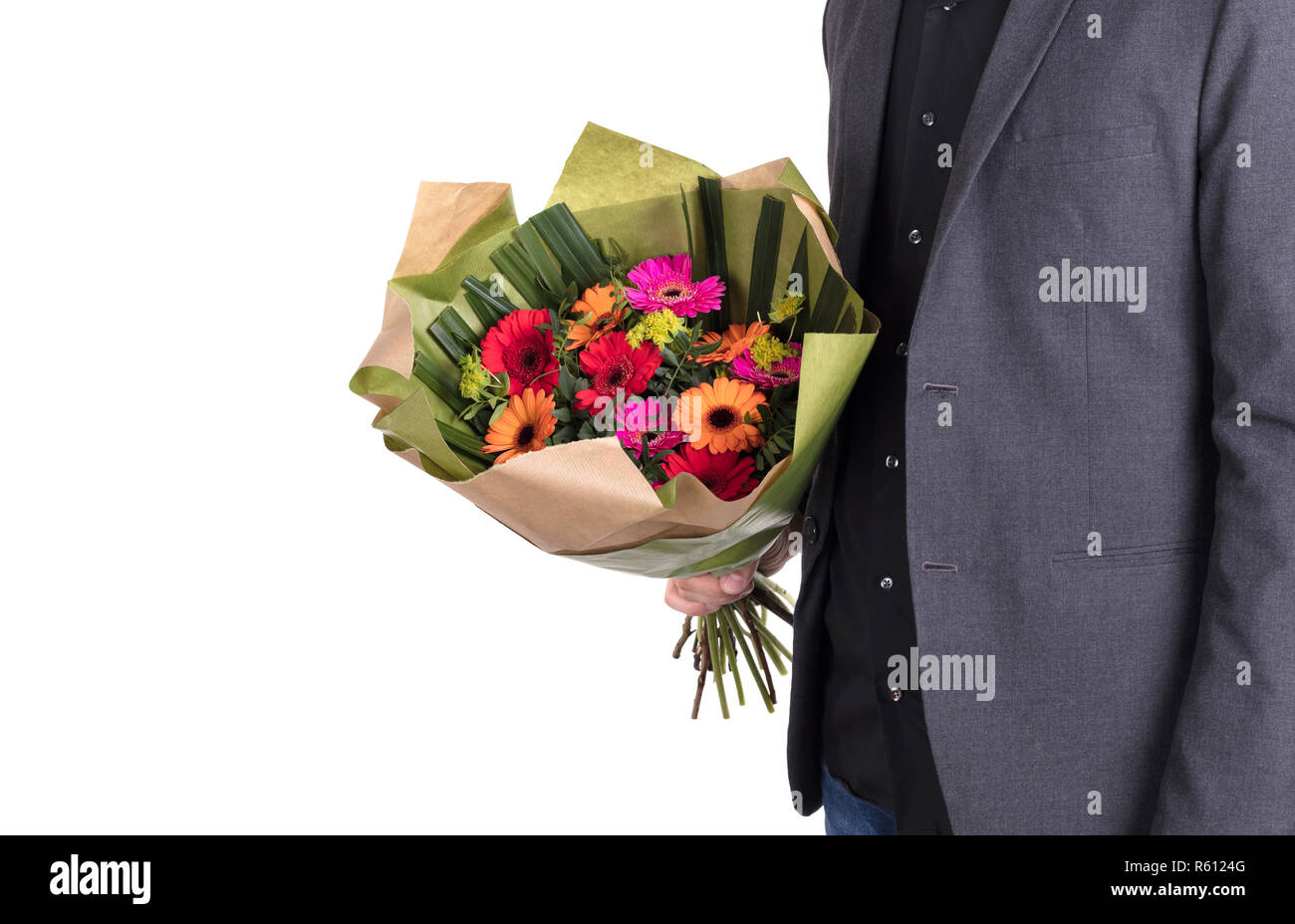 Man is giving flowers - Isolated on white Stock Photo - Alamy