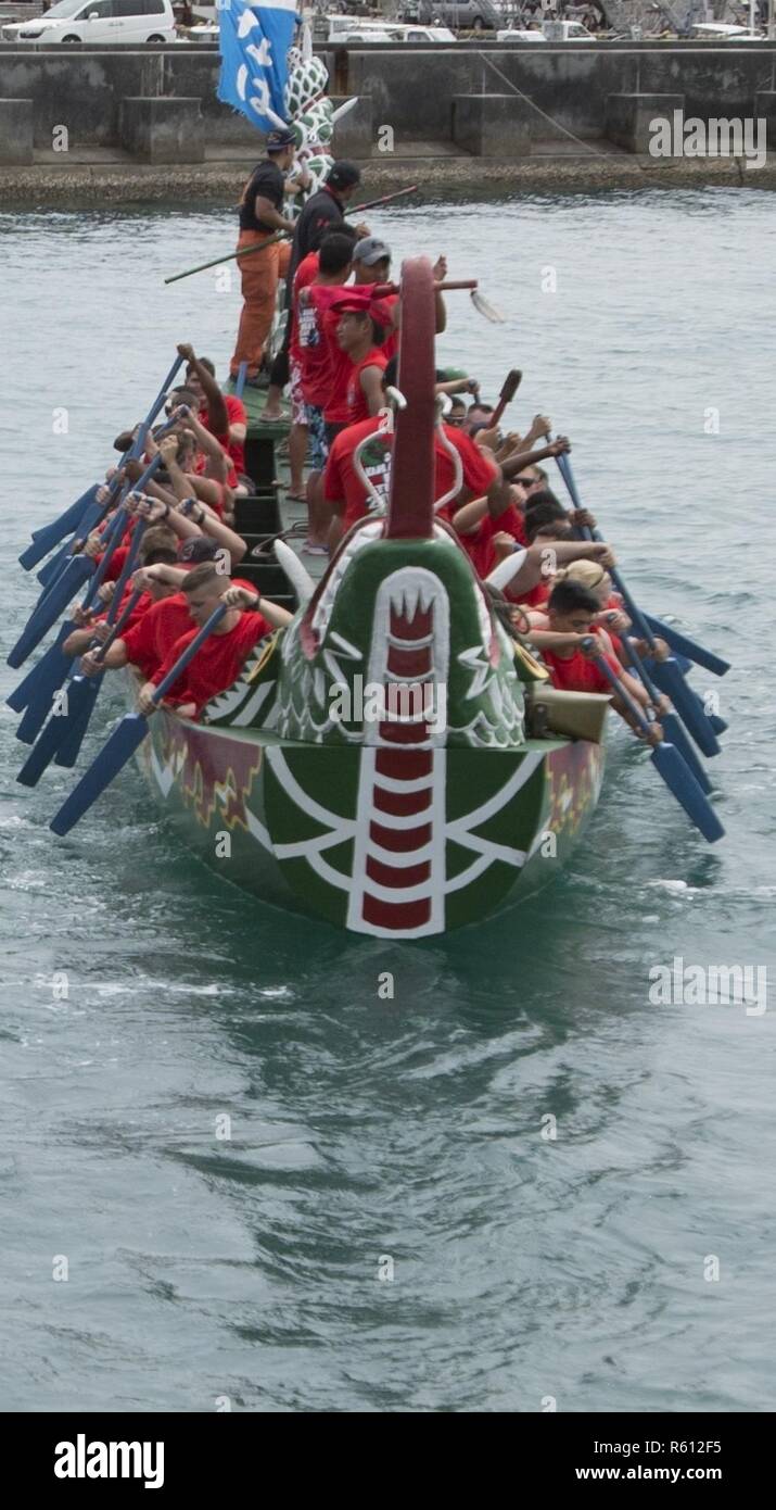 The Single Marine Program’s dragon boat team backs their boat into ...