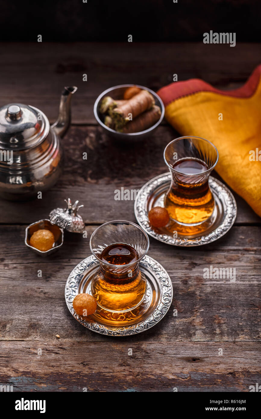 Turkish tea in traditional cups with teapot, copy space Stock Photo - Alamy