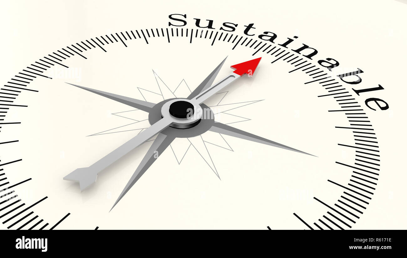 Compass with arrow pointing to the word Sustainable Stock Photo - Alamy