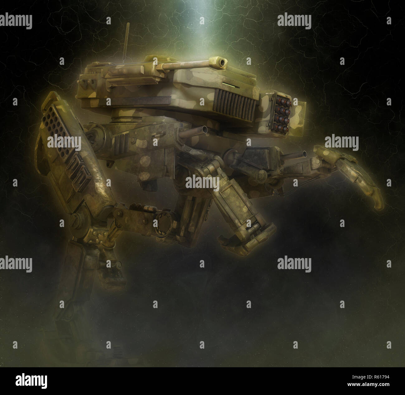 3d illustration on a fantastic dark background.Military robot Stock ...