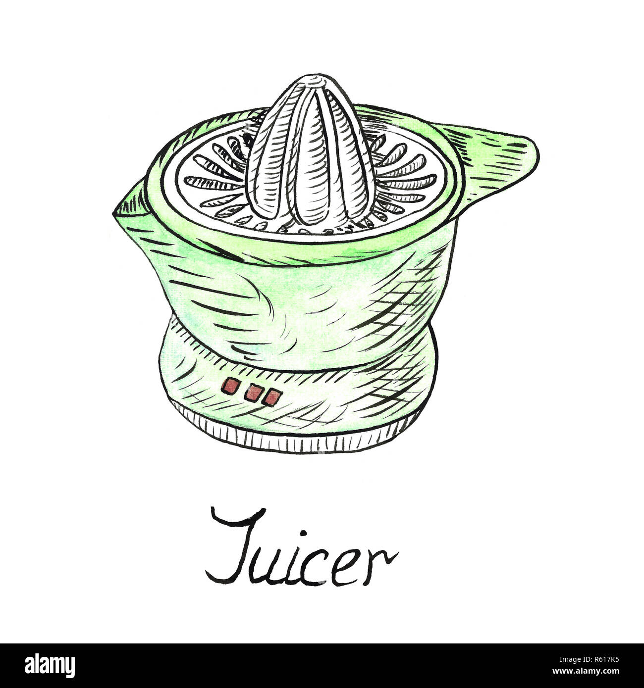Green juicer, hand painted illustration, watercolor and ink outline ...