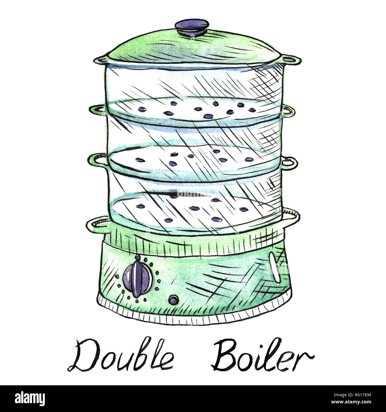 Double boiler, hand painted illustration, watercolor and ink outline ...
