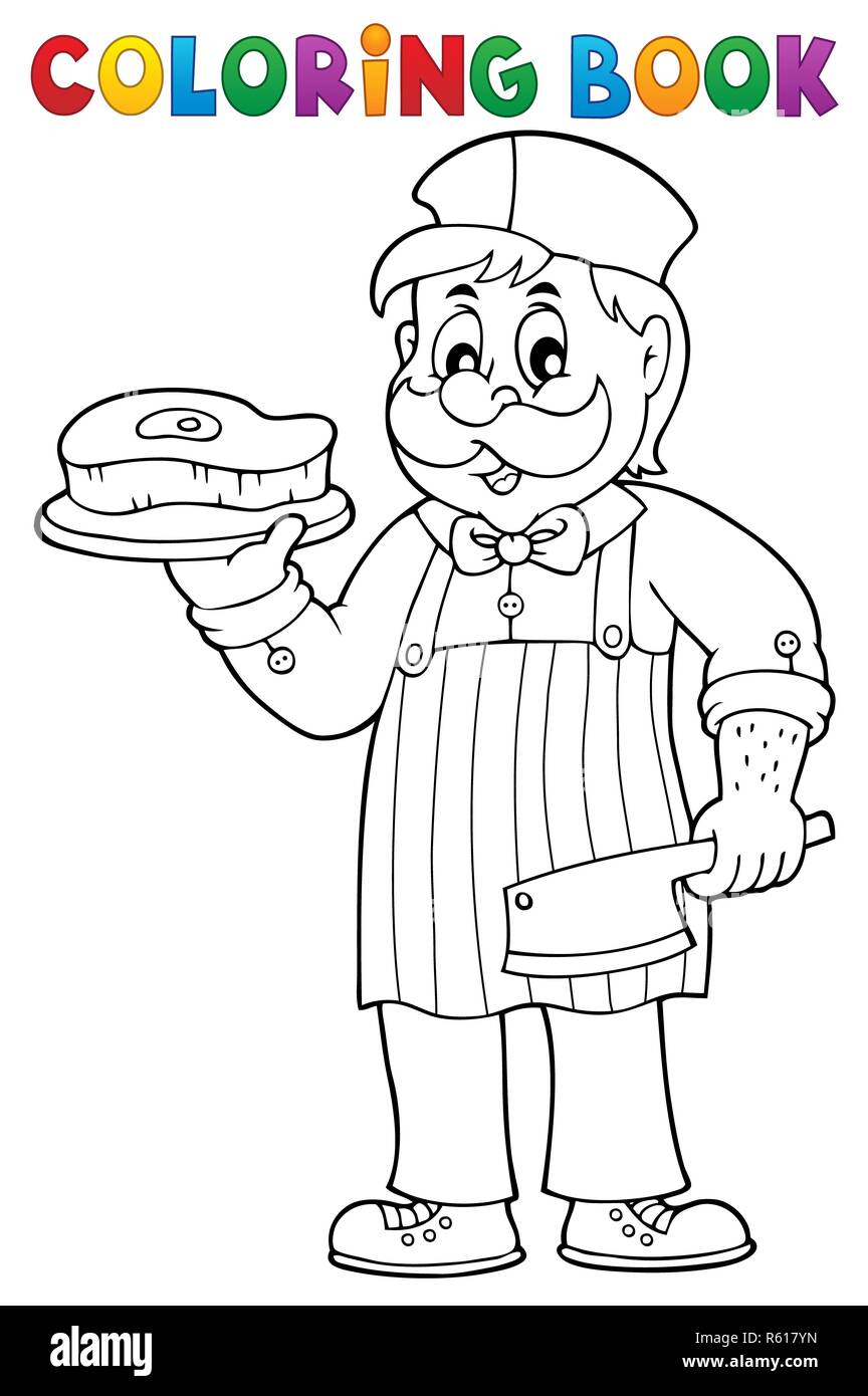 Coloring book butcher theme 1 Stock Photo - Alamy