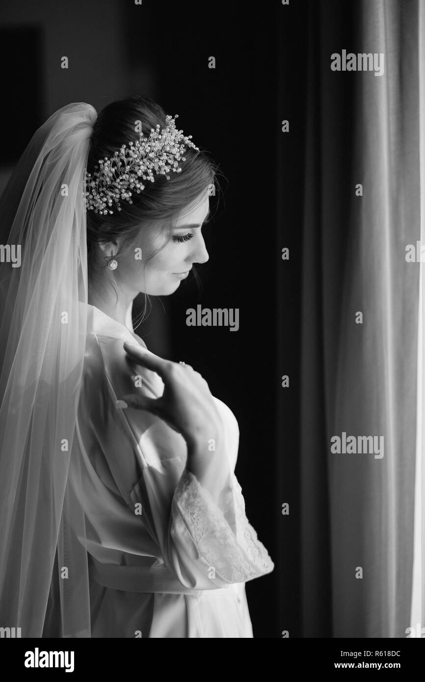 Bride at the window Black and White Stock Photos & Images - Alamy