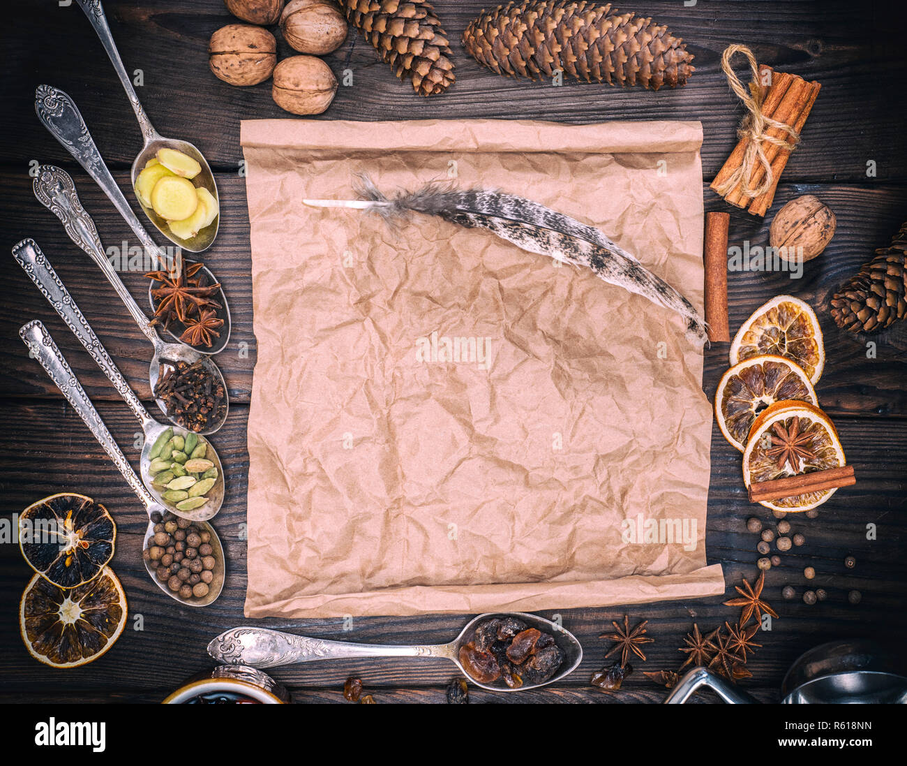 variety of spices in iron spoons Stock Photo - Alamy