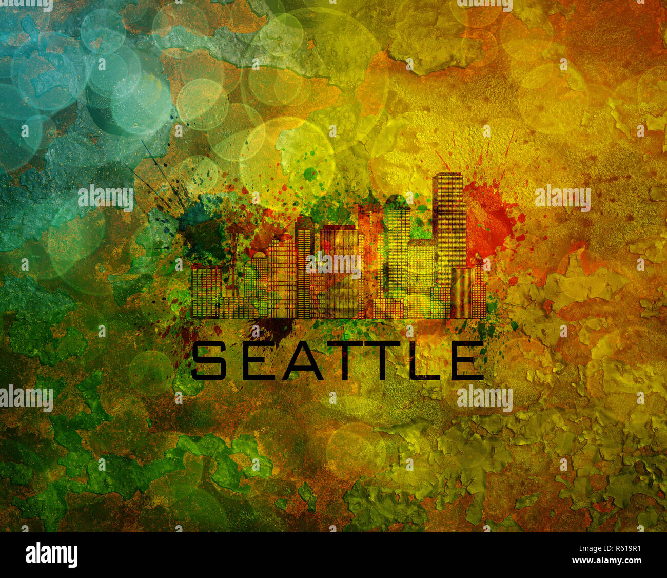 Seattle City Skyline on Grunge Background Illustration Stock Photo - Alamy