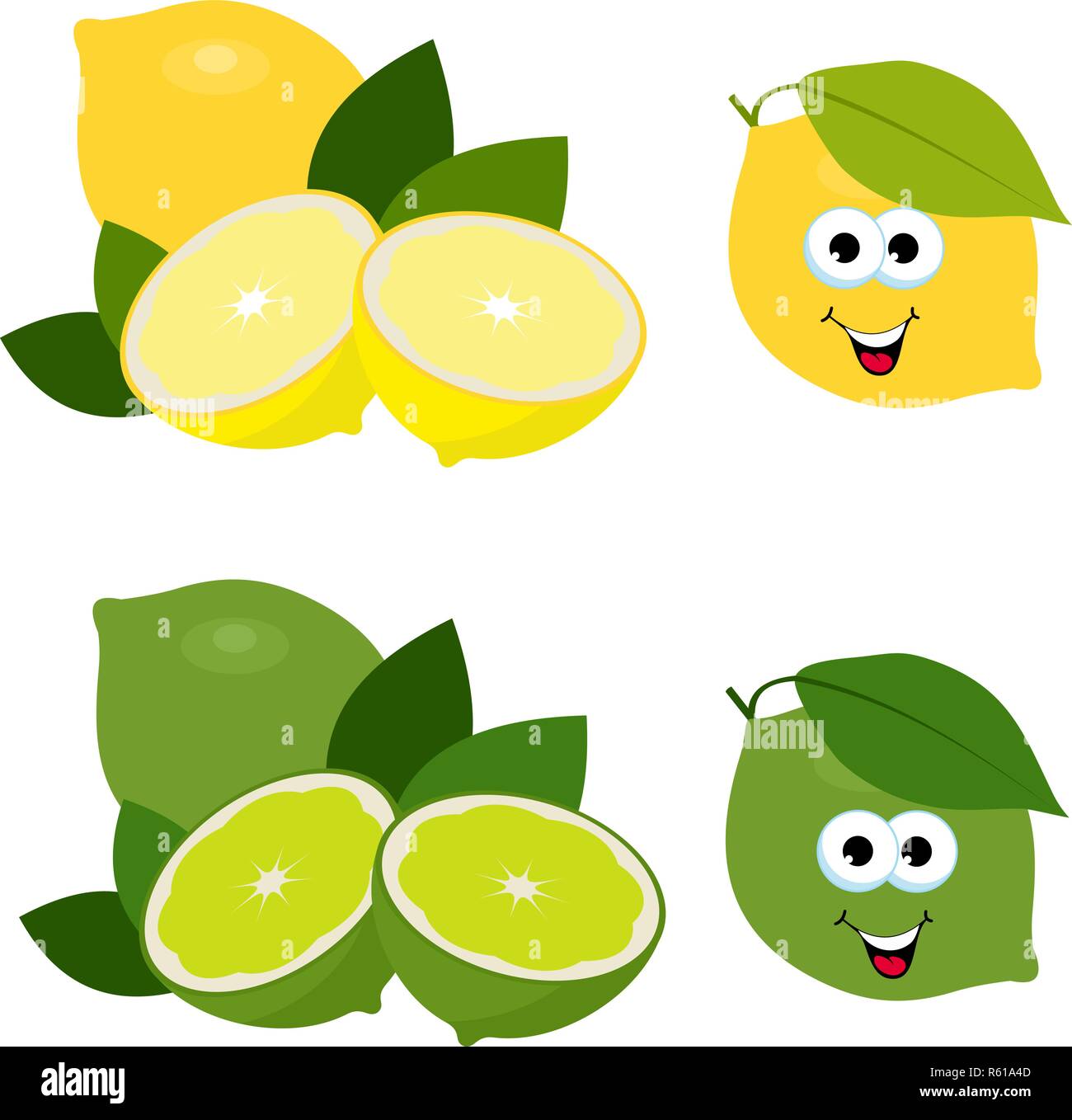 Citrus fruit. Fresh lemon and lime, collection of vector illustrations ...