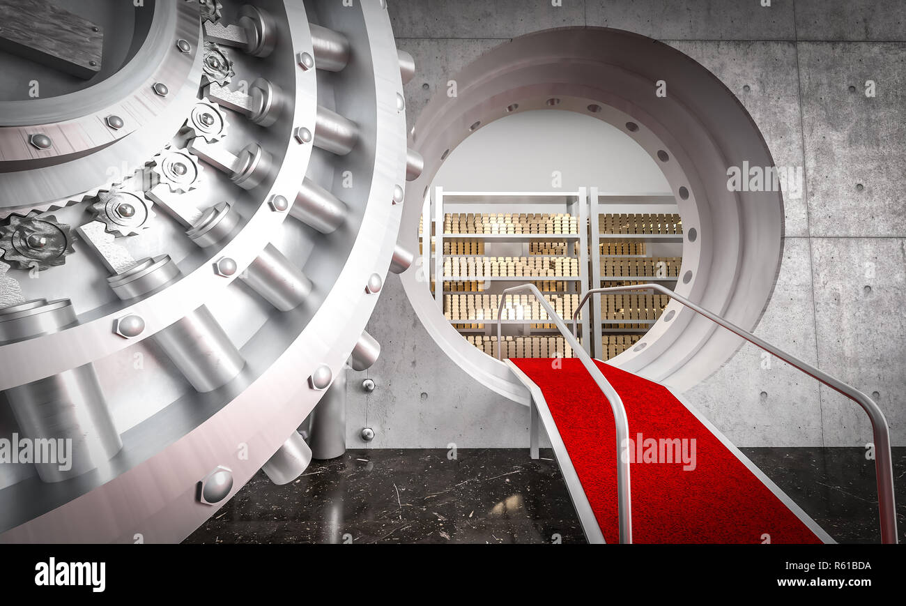3d image of huge bank vault and gold ingot with red carpet Stock Photo ...