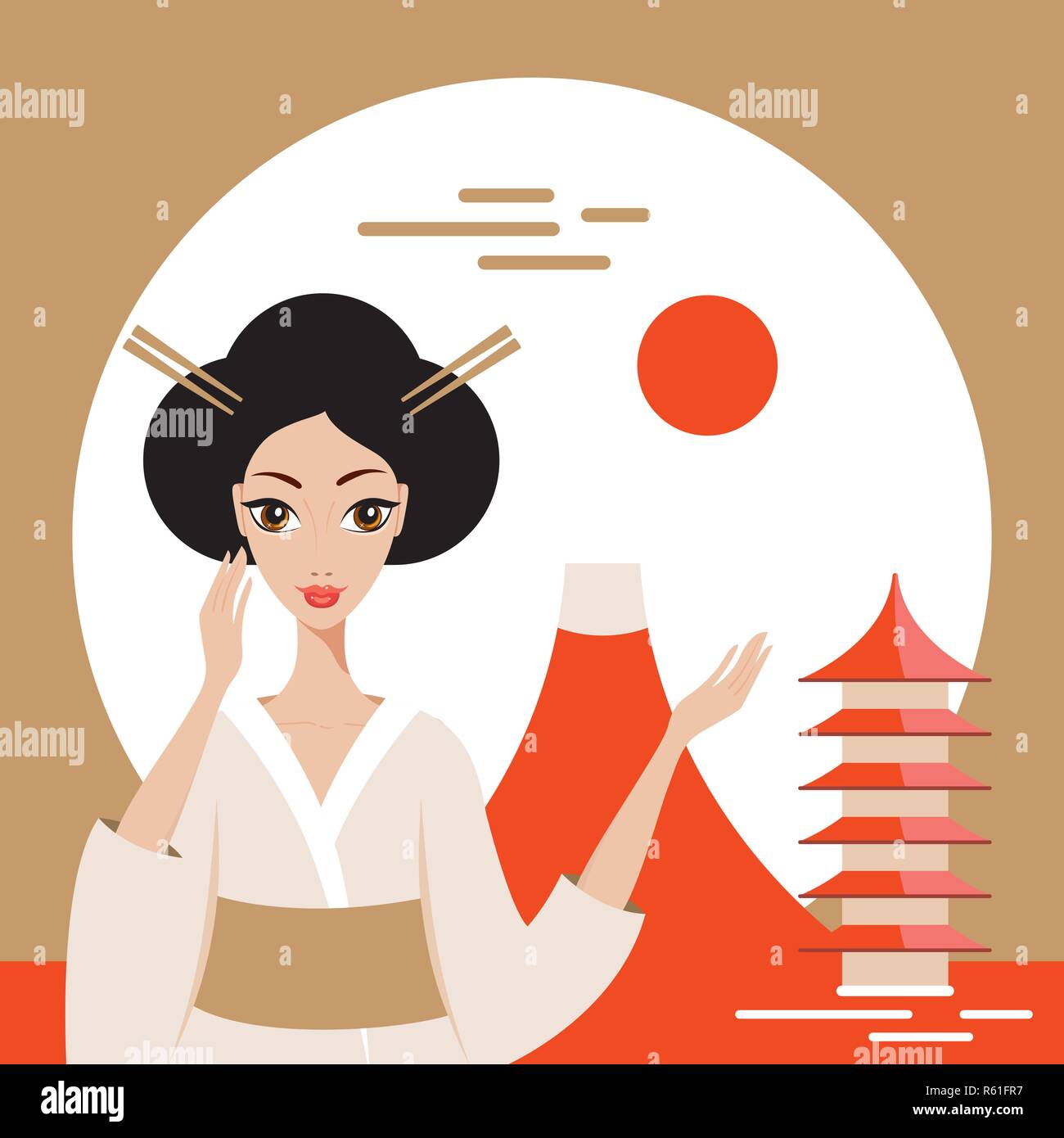 Welcome to Japan banner with Geisha Mountain Fuji and temple Vector ...