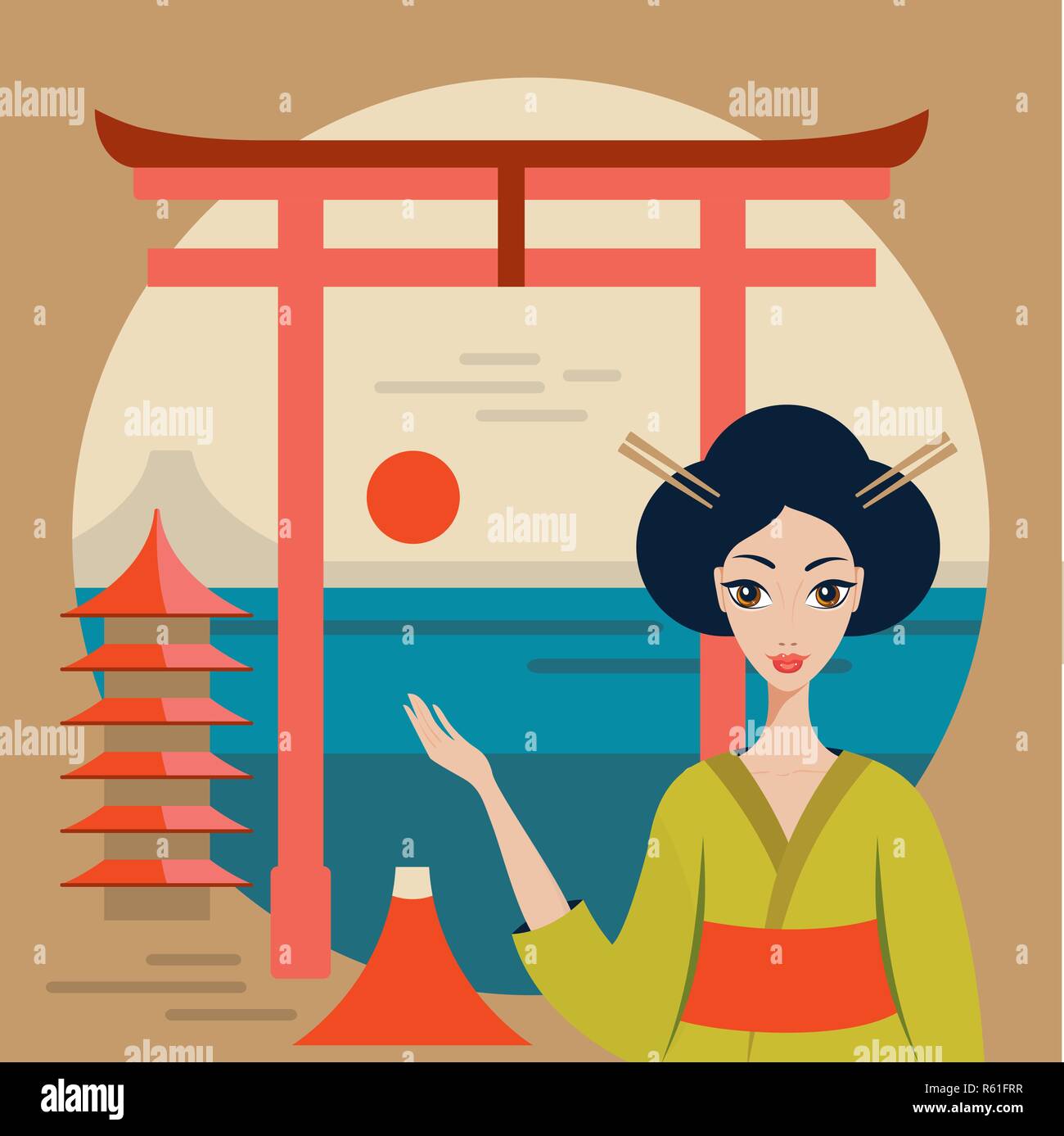 Beautiful Japan Travel banner with Geisha Mountain Fuji Torii and ...