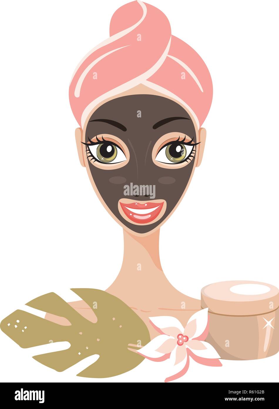 Beautiful happy woman with face mask Spa Skin care concept Vector ...