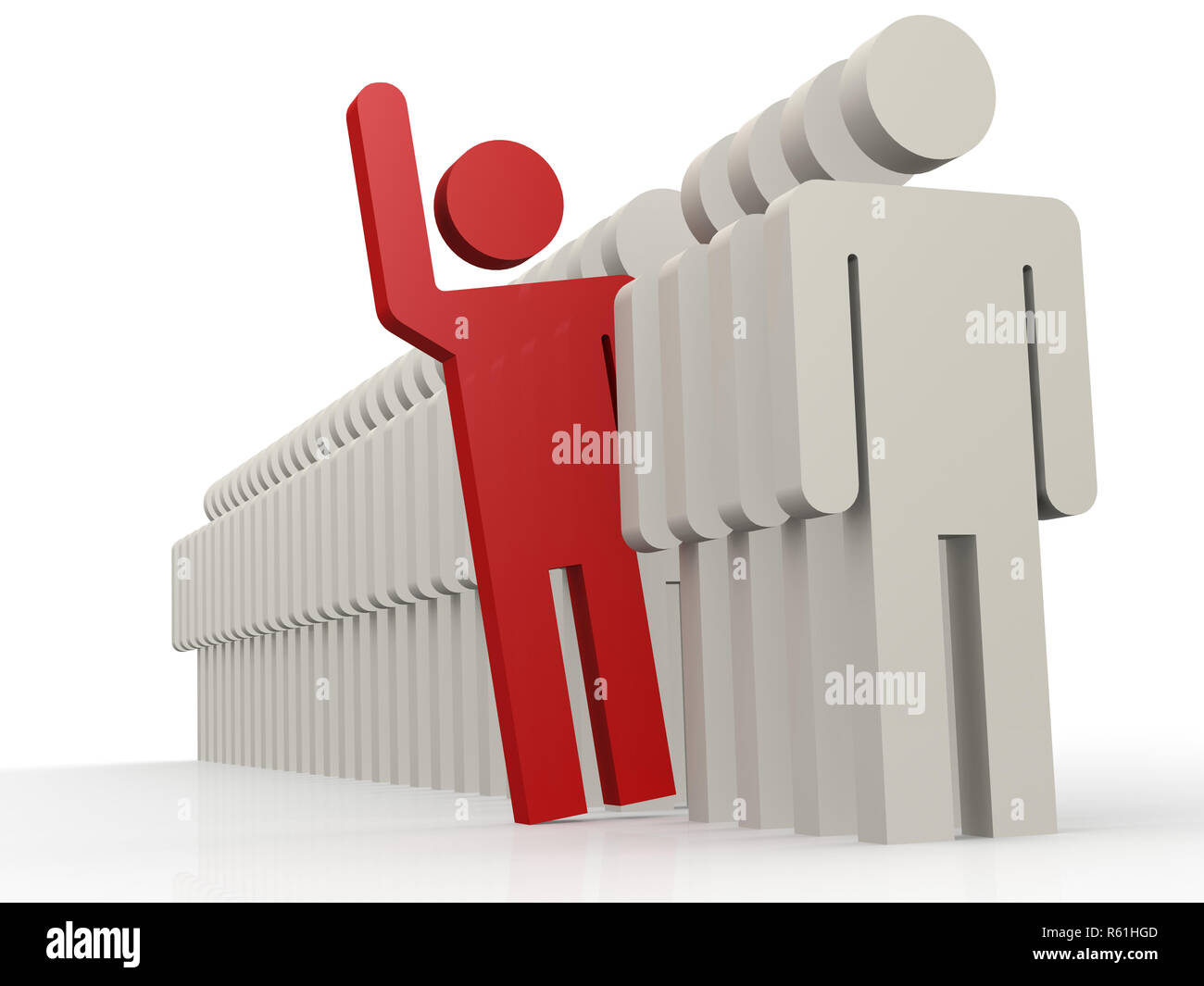 Unique red person stepping out from row of people Stock Photo - Alamy