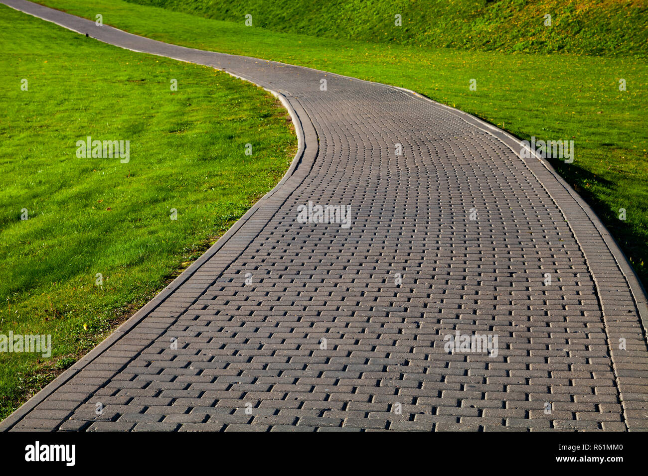 Stone path in the park and green lawn. Beautiful summer city park for ...