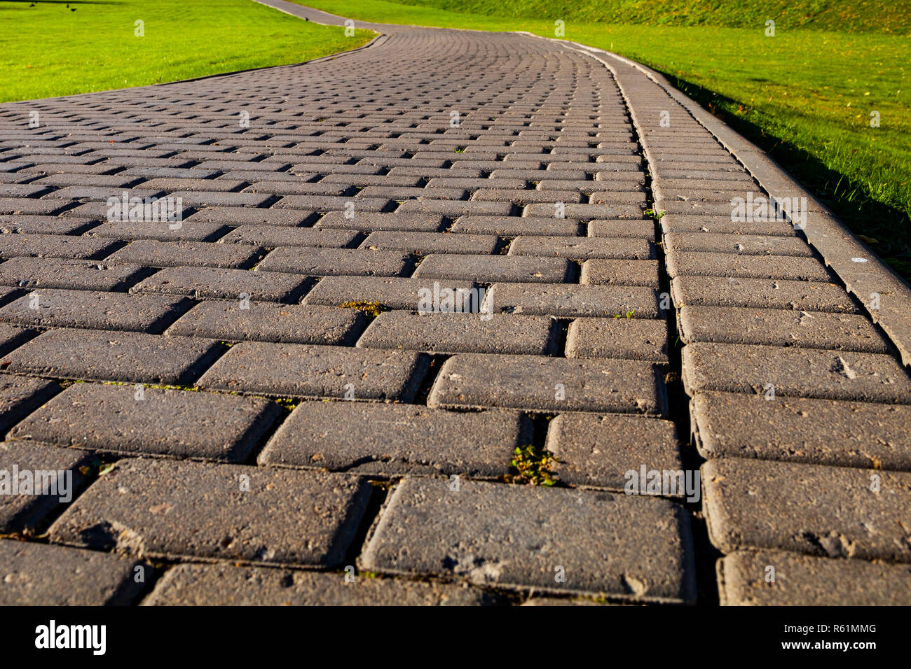 Stone path in the park and green lawn. Beautiful summer city park for ...