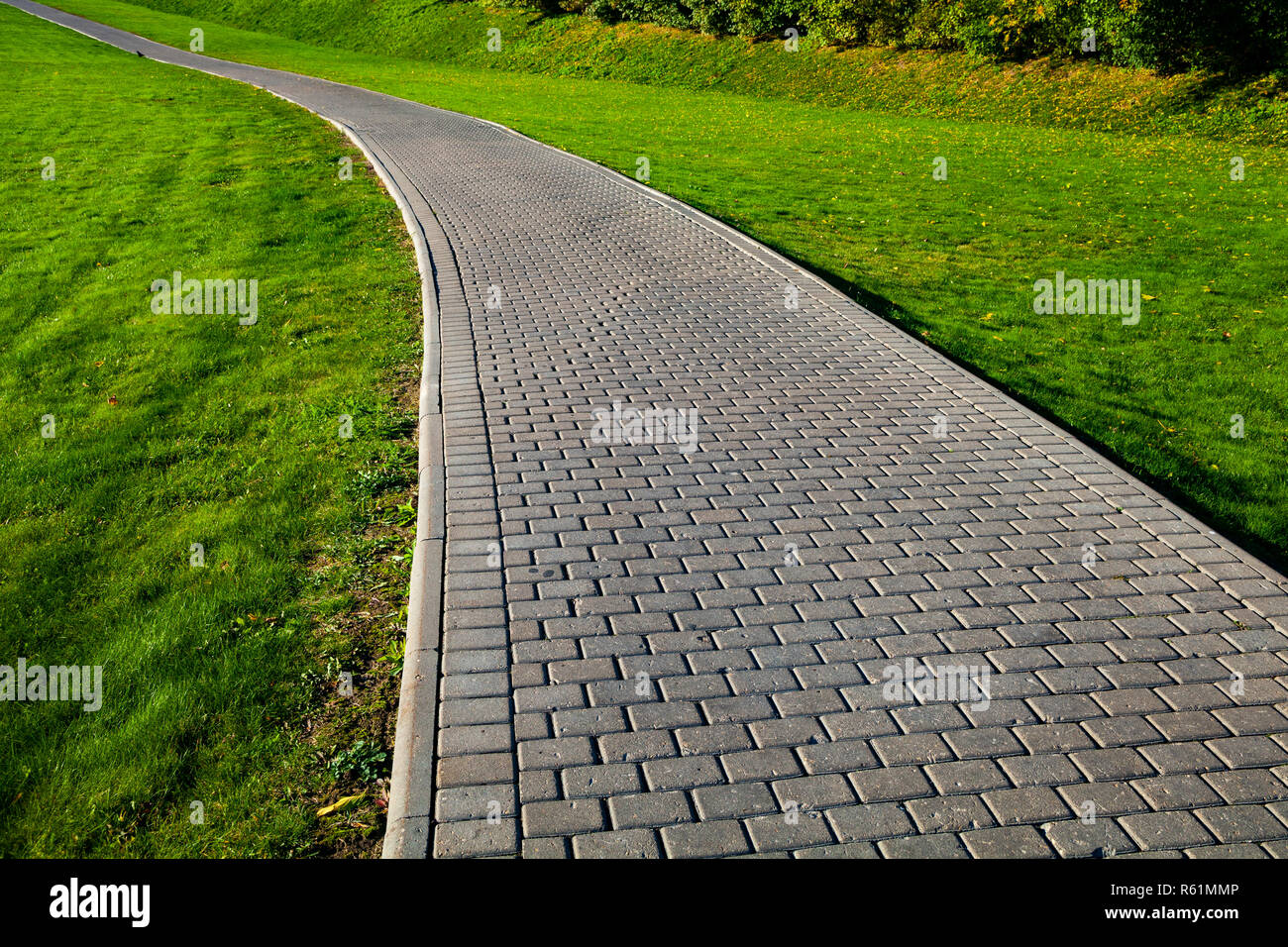 Stone path in the park and green lawn. Beautiful summer city park for ...